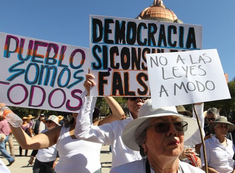 Mexican Citizens Hold Placards During Protest Editorial Stock Photo ...