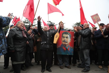 Georgian Stalinists Hold Red Flags Portraits Editorial Stock Photo ...