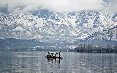 Shikara Seen Crossing Dal Lake Backdrop Editorial Stock Photo - Stock ...