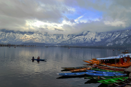 Shikara Seen Crossing Dal Lake Backdrop Editorial Stock Photo - Stock ...
