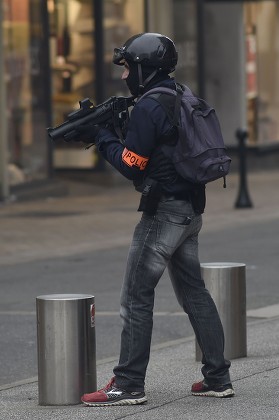 Policeman Pictured Flashball Gun During Demonstration Editorial Stock ...