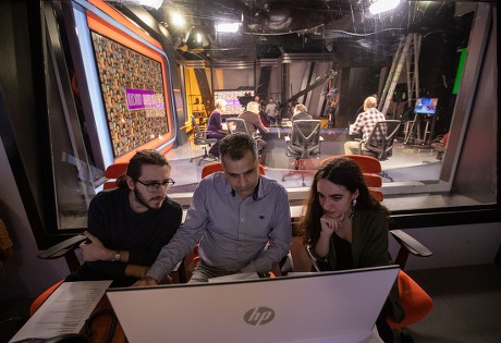 People Work Broadcast Control Room During Editorial Stock Photo - Stock ...