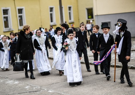 Sorbian Schoolchildren Wearing Traditional Costumes During Editorial ...