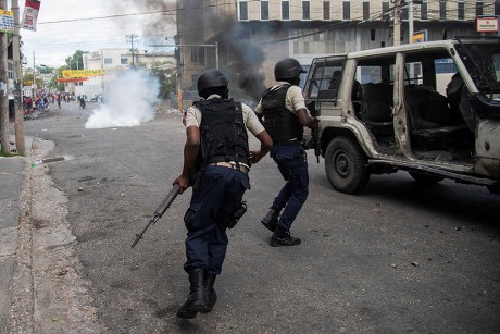 Police Take Cover During Protest Portauprince Editorial Stock Photo ...