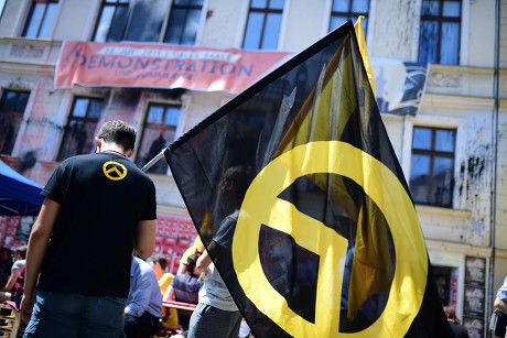 Member Identitarian Movement Stands Flag Front Editorial Stock Photo ...