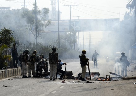 Police Officers Remove Burning Blockade Road Editorial Stock Photo ...