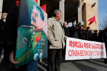 Georgian Stalinists Hold Red Flags Portraits Editorial Stock Photo ...