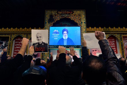 Hezbollah Secretary-General Sayed Hassan Nasrallah delivers a speech ...