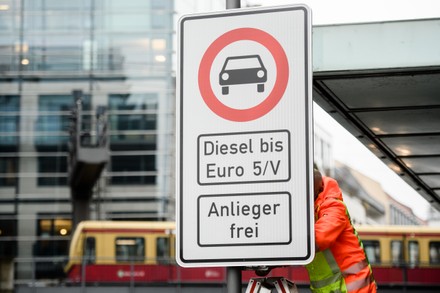 Worker Sets Road Sign Indicating Circulation Editorial Stock Photo ...