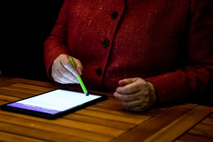 German Chancellor Angela Merkel Uses Tablet Editorial Stock Photo ...