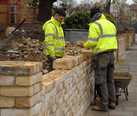 European Bricklayers Construct Wall Front House Editorial Stock Photo ...
