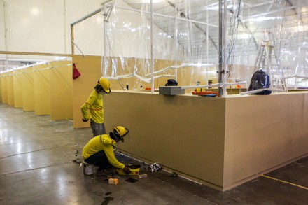 Workers Wearing Masks Install Cubicles Inside Editorial Stock Photo ...
