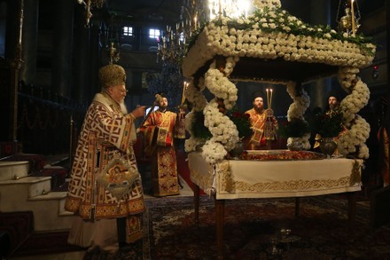 Epitaph procession behind closed doors of church in Istanbul, Turkey ...