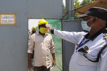 Worker Undergoes Thermal Screening Construction Work Editorial Stock ...