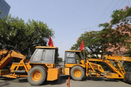 Red Flag Seen On Machines Barricades Editorial Stock Photo - Stock ...