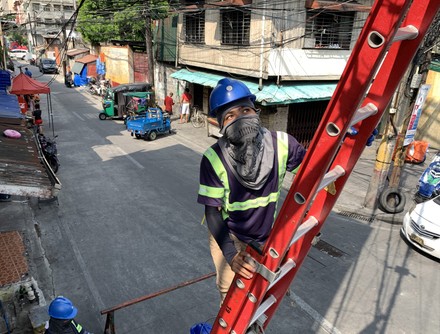 Filipino Laborer Installs Electric Cables During Editorial Stock Photo ...