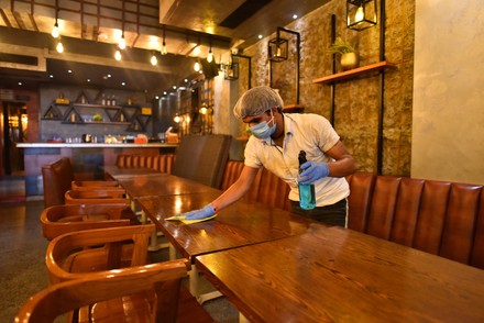 Worker Sanitizing Premises Sandoz Restaurant Before Editorial Stock ...