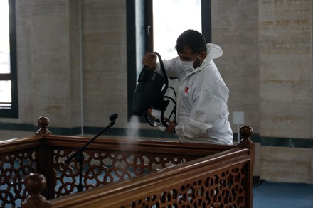 Cleaner Conducts Disinfection Inside Mosque Ankara Editorial Stock ...