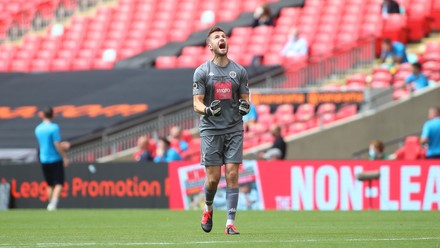 Harrogate Goalkeeper James Belshaw Celebrates His Editorial Stock Photo ...
