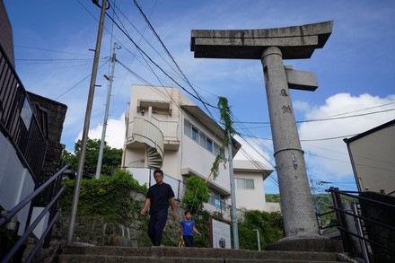 Father Son Walk Past Onelegged Torii Editorial Stock Photo - Stock ...