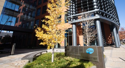 A logo sign outside of Pfizer Laboratory in Cambridge, Cambridge ...