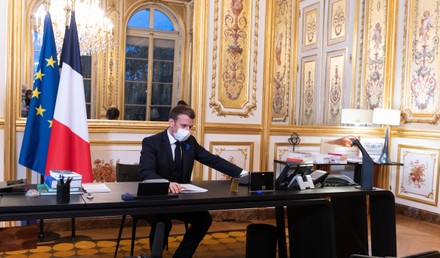 French President Emmanuel Macron His Office Editorial Stock Photo ...