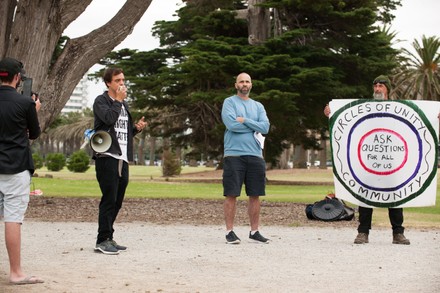 Protester Speaks Using Megaphone Small Group Editorial Stock Photo ...
