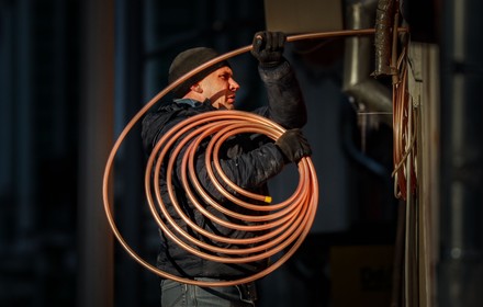 Worker Mounts Copper Pipes Heating System Editorial Stock Photo - Stock ...