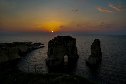 Sunset Behind Alrawcheh Rock On Beirut Editorial Stock Photo - Stock ...