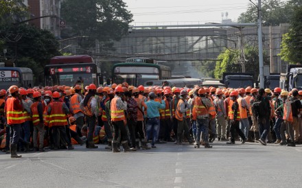 Construction workers protest in Yangon, Myanmar - 19 Jan 2021 Stock ...