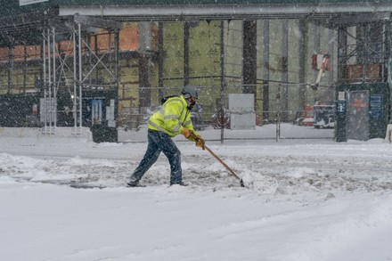 Maintenance Worker Clear Snow Entrance Construction Editorial Stock ...