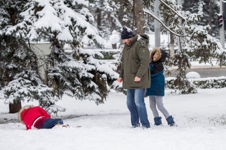 Father His Children Play Snow After Editorial Stock Photo - Stock Image ...