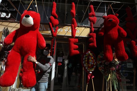 Palestinian Vendor Displays Giant Red Bear Editorial Stock Photo ...
