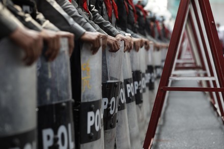 Riot Police Stand Guard Behind Barriers Editorial Stock Photo - Stock ...