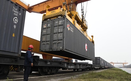 Gantry Crane Loads Containers Onto Freight Editorial Stock Photo ...