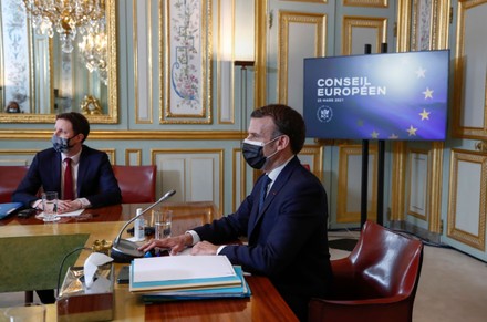 French President Emmanuel Macron Attends Virtual Editorial Stock Photo ...