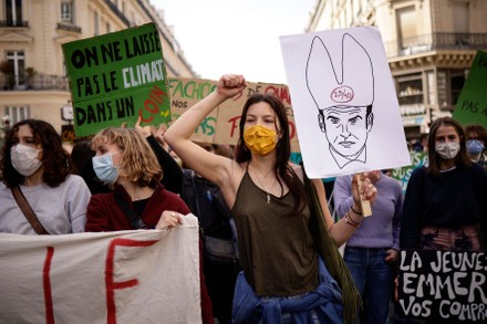 Climate Activist Holds Banner Depicting French Editorial Stock Photo ...