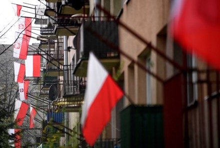 Polish National Flags Fly Balconies Apartment Editorial Stock Photo ...
