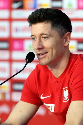 Polish national soccer team player Robert Lewandowski attends a press ...