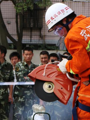 Firefighters Uses Electric Saw Cut Through Editorial Stock Photo ...
