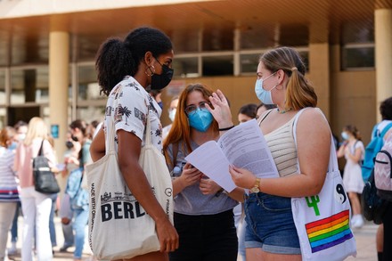 Conversation Between Three Students After First Editorial Stock Photo ...
