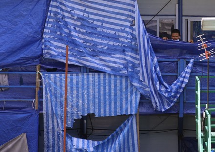 Worker Adjusts Tarp Construction Camp Quarentined Editorial Stock Photo ...