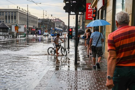 Streets flooded after heavy rain, Krakow, Poland - 09 Jul 2021 Stock ...