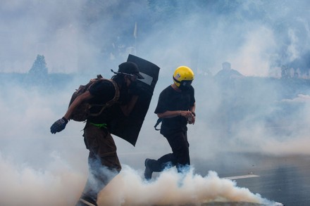 Protester Holds Shield While Running Massive Editorial Stock Photo ...