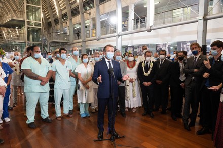Macron speaks to doctors and nurses working at the French Polynesia ...