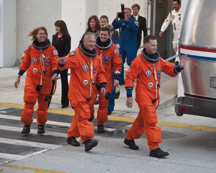 NASA's Space Shuttle "Atlantis" crew departs for the launch pad at the ...
