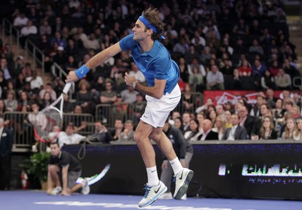 Roger Federer Serves Second Set His Editorial Stock Photo - Stock Image ...