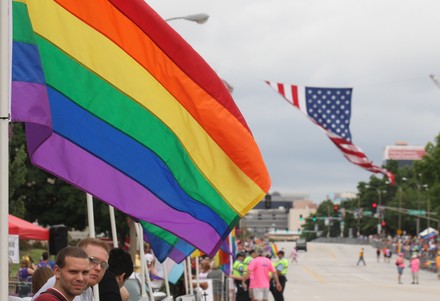 Parade Goers Stand Underneath Pride Flag Editorial Stock Photo - Stock ...
