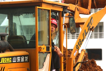 Chinese Construction Worker Sits Backhoe Waiting Editorial Stock Photo ...