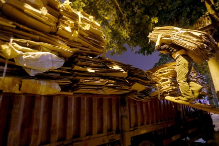 Chinese Worker Loads Lorry Collapsed Cardboard Editorial Stock Photo ...
